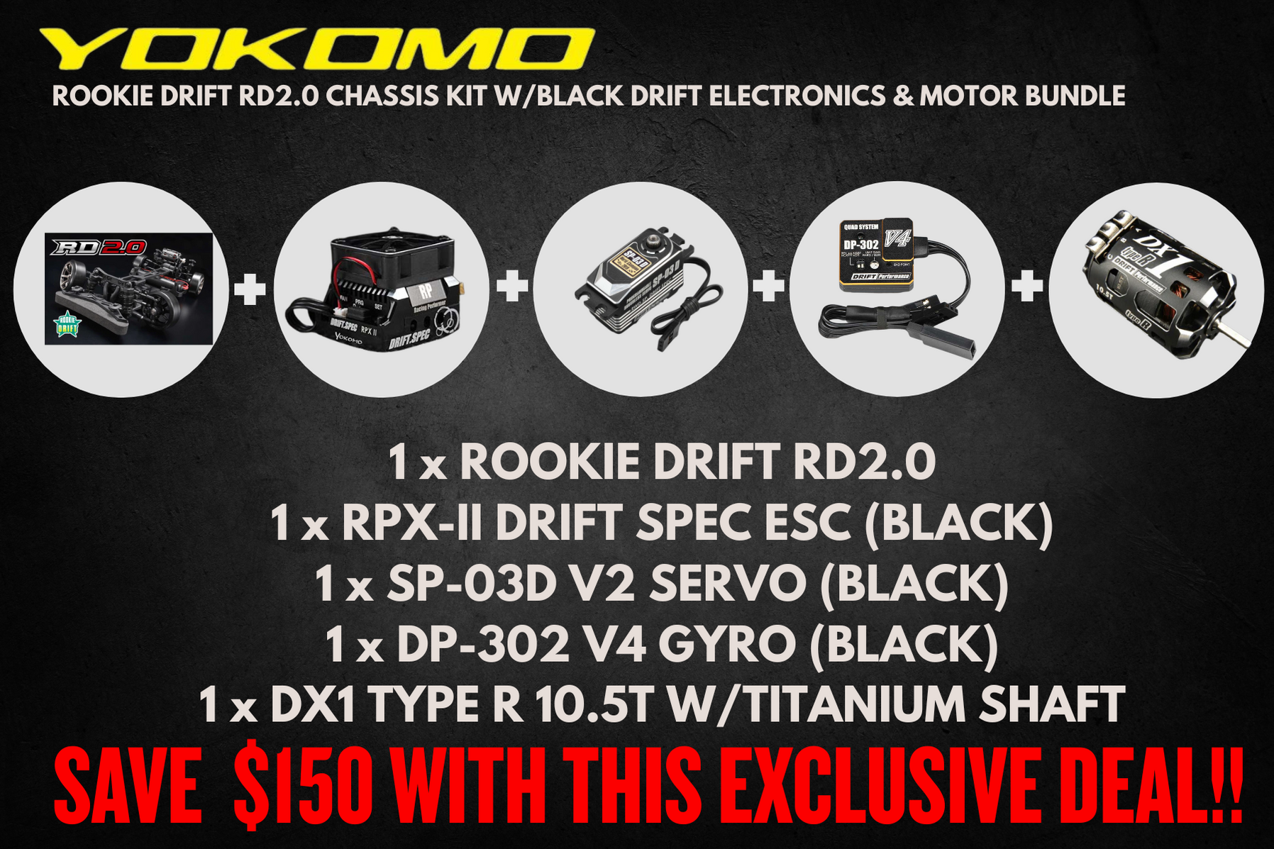 Yokomo Rookie Drift RD2.0 Chassis Kit with Black Drift Electronics & M — RC Pit Lane